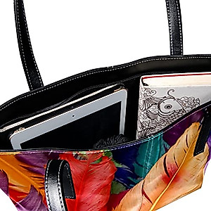 Large Leather Tote Bag Colorful Feather Pattern Handbag for Office College School