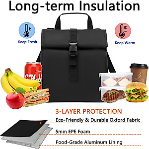 GYEUKHAM Insulated Lunch Bag for Men/Women/Kids, Roll top Reusable Lunch Box with Adjustable Shoulder Strap, Thermal Lunch Cooler Tote Container for Adults/Teens School Work Office Picnic,Black