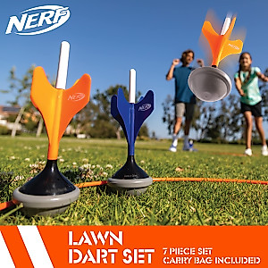Nerf Soft Tip Lawn Dart Set, Outdoor Backyard Game for Kids & Adults, Includes 4 Lawn Darts, 2 Target Rings, Storage Bag, Fun & Safe Summer Activity for Beach, Yard, Camping, Pool