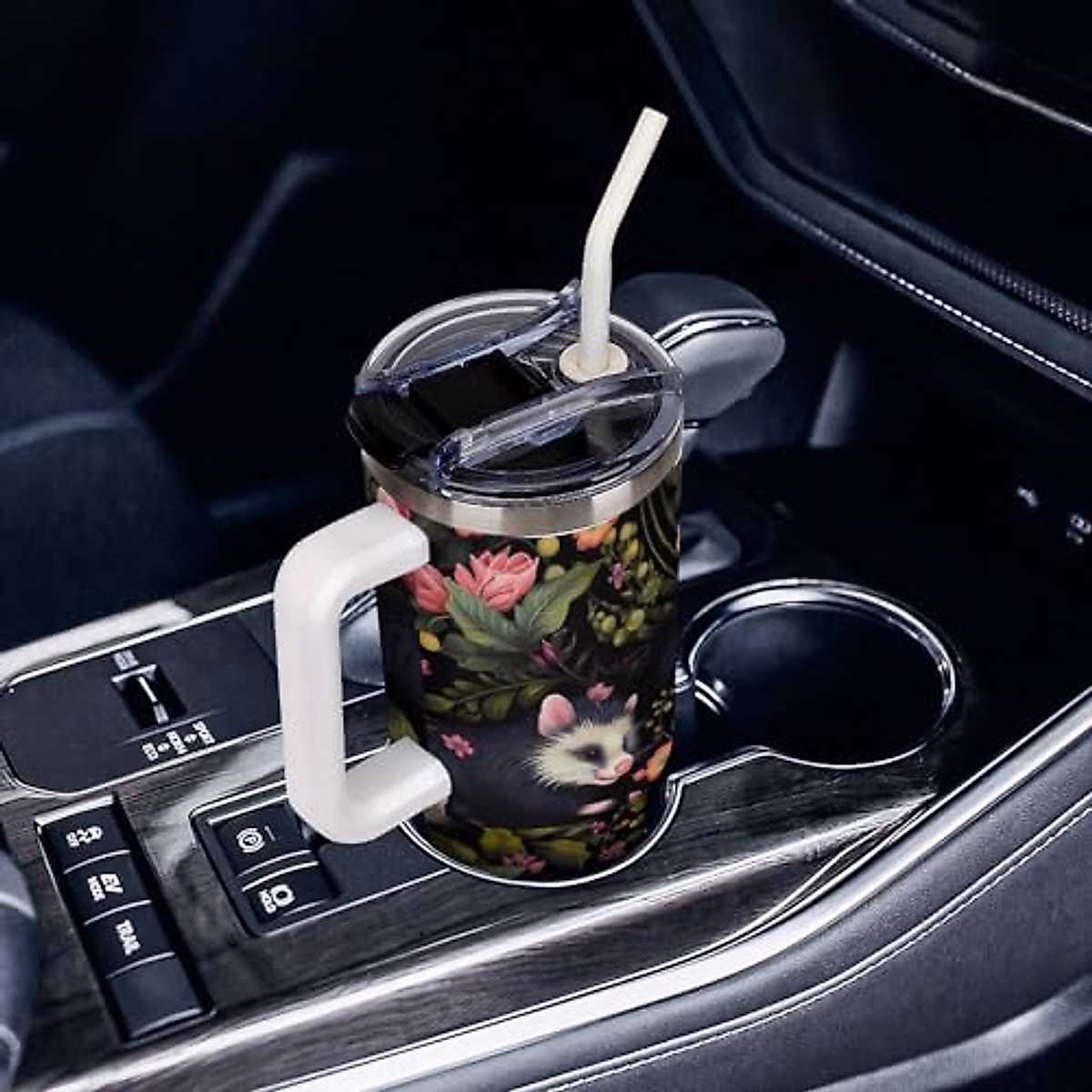 Cute Possum Flowers 40 Oz Stainless Steel Cup Travel Tumbler with Handle and Straw Lightweight Coffee Mug for Home Office