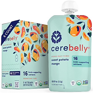 Cerebelly Baby Food Pouches – Organic Sweet Potato Mango (4 oz, Pack of 6) - Toddler Snacks - 16 Brain-Supporting Nutrients - Healthy Snacks, Made with Gluten-Free Ingredients, Non-GMO, No Added Sugar