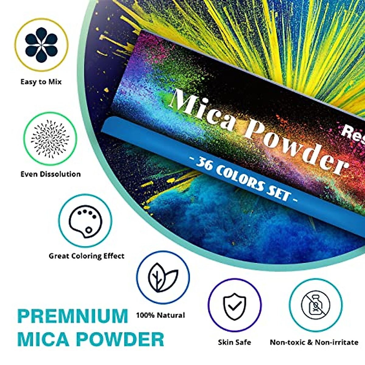 Resiners Mica Powder for Epoxy Resin, 36 Color Epoxy Resin Color Pigment, Cosmetic Grade Mica Powder for Soap Making, Candle Making, Lip Gloss, Art Crafts, Bath Bomb, Resin Supplies - 0.1oz(3g)/Bag
