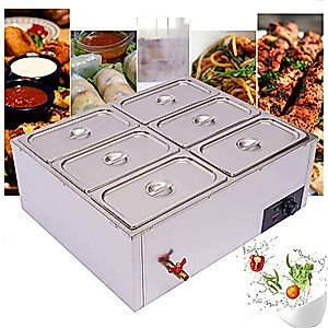 6 Pot Commercial Food Warmer 110V Buffet Food Warming Tray, 850W Countertop Electric Table Steamer Stainless Steel Soup Pot 30 to 85° Adjustable 6-Pan Food Warmer for Catering, Restaurants
