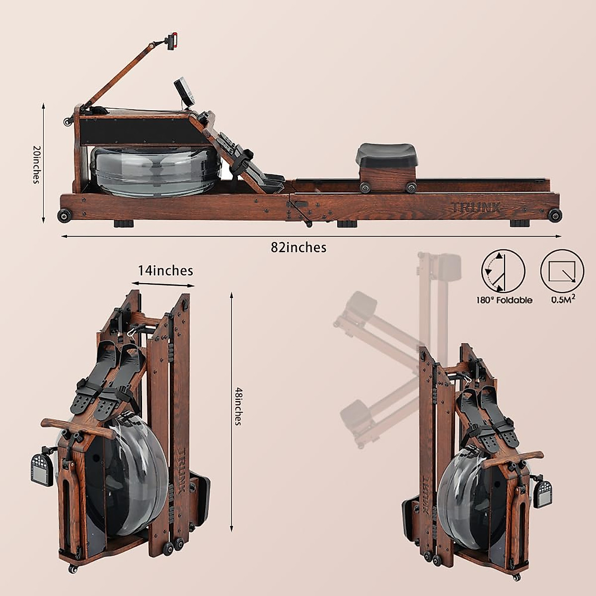 TRUNK Foldable Water Rowing Machine for Home Gym Fitness, Classic Solid Wood Rower Machine with Bluetooth Monitor Whole Body Exercise Cardio Training (Included a Phone Holder)