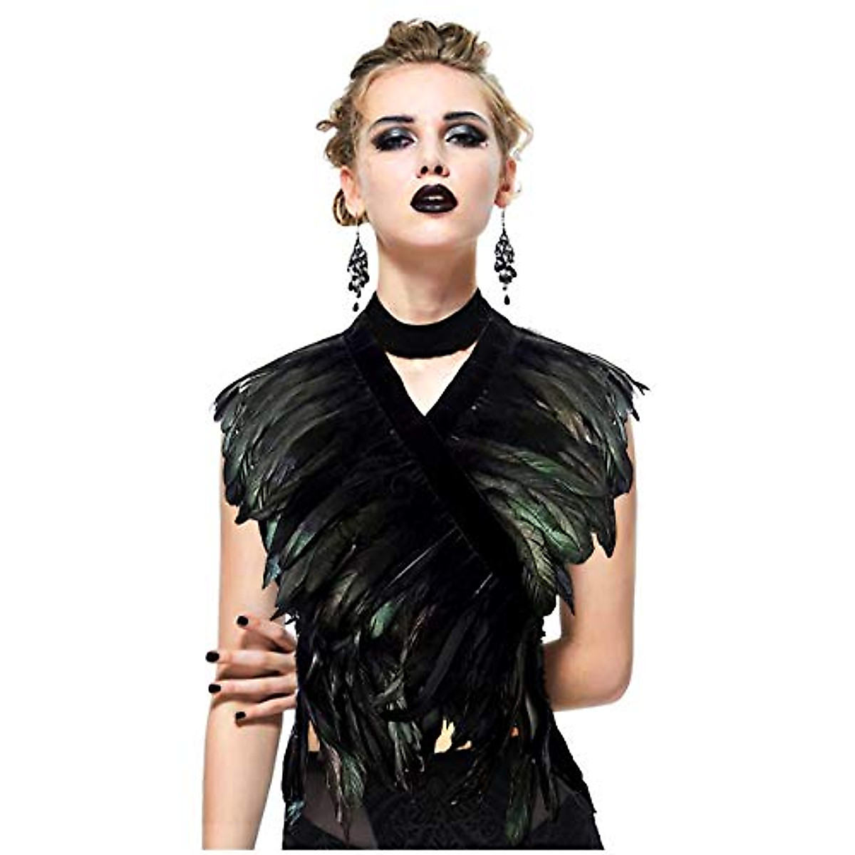 L'VOW Feather Boa Ribbon Punk Gothic Shawl Maleficent Costume for Halloween（Black）