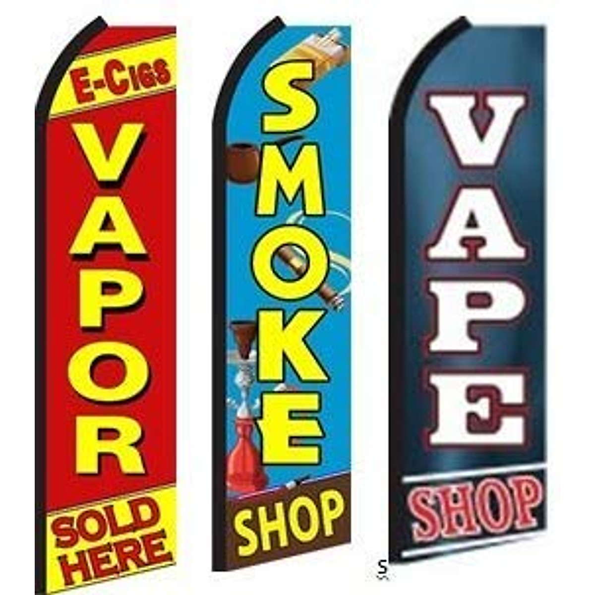 E-Cig Vapor Sold Here, Smoke Shop, Vape Shop King Swooper Feather Flag Sign- Pack of 3 (Hardware Not Included)