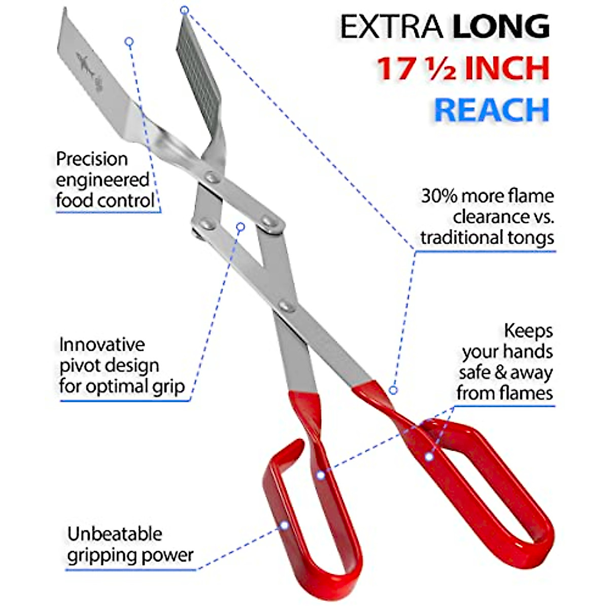 Shark BBQ Grilling Tongs: Extra long reach for outdoor grill & kitchen. Best cooking accessories for charcoal, gas grills & smoker. Perfect stainless steel gift for dad. Great for indoor cooking (Red)