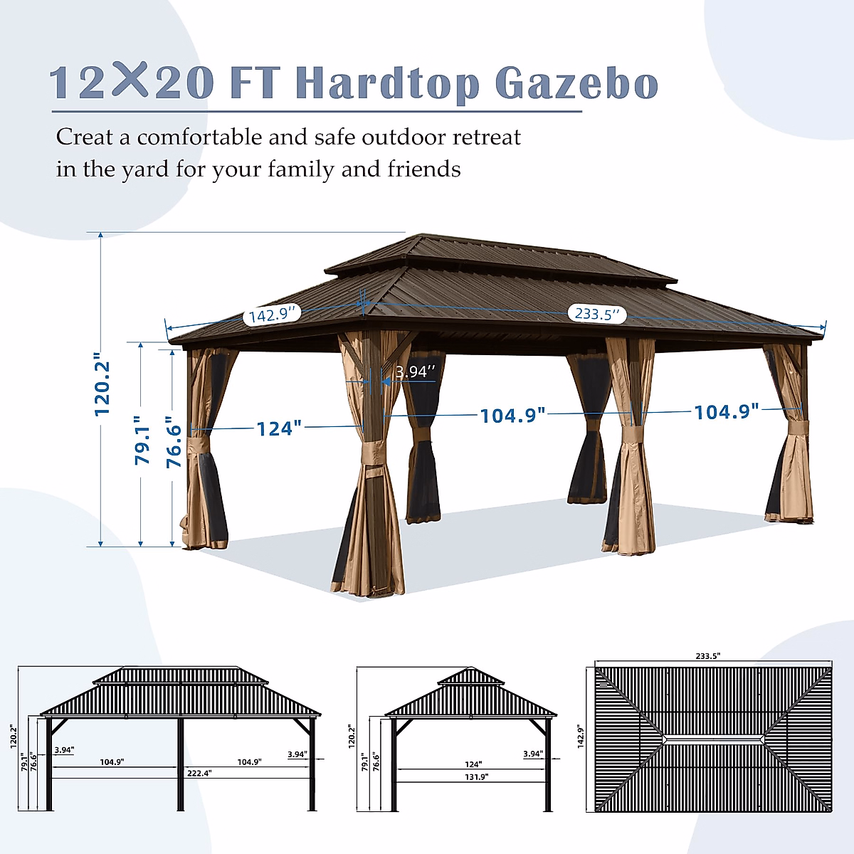 Domi 12' x 20' Hardtop Gazebo Permanent Metal Gazebo with Galvanized Steel Double Roof, Curtains and Netting for Party, Wedding, Outdoor Dining, Patio, Backyard, Brown