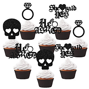 24Pcs Gothic Engagement Cupcake Toppers He Asked She Said Yes Cupcake Toppers Black Glitter Heart Ring Bachelorette Cake Decorations for Halloween Wedding Engagement Bridal Shower Party Supplies