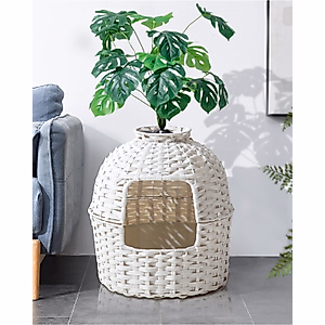 SETVSON Cat Litter Box Plant Furniture Hidden Cat Litter Box with Artificial Plants, Handwoven Rattan Cat Litter Box Enclosure with Cat Litter Box, Enclosed Plant Cat Litter Box in Living Room (White)