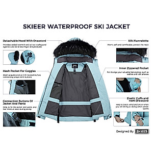 Skieer Women's Ski Jacket Waterproof Windproof Snowboard Coat with Removable Faux Fur Hood(Blue,Small)