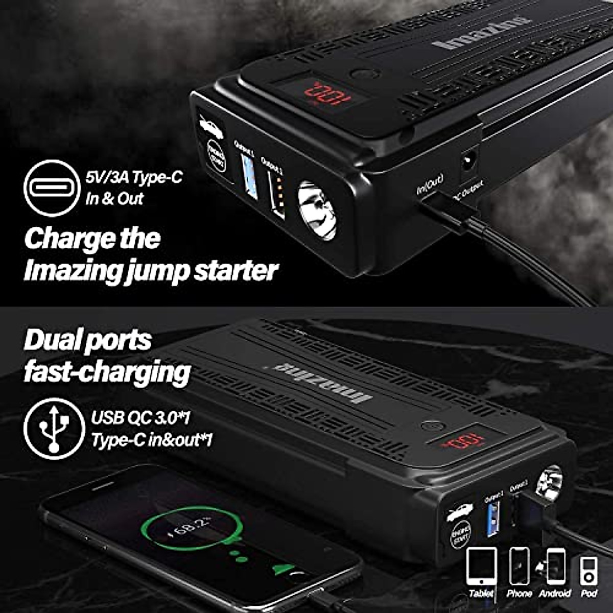 Imazing Portable Car Jump Starter - 2500A Peak 20000mAH (Up to 8L Gas or 8L Diesel Engine) 12V Auto Battery Booster Portable Power Pack with Jumper Cables, QC 3.0 and LED Light