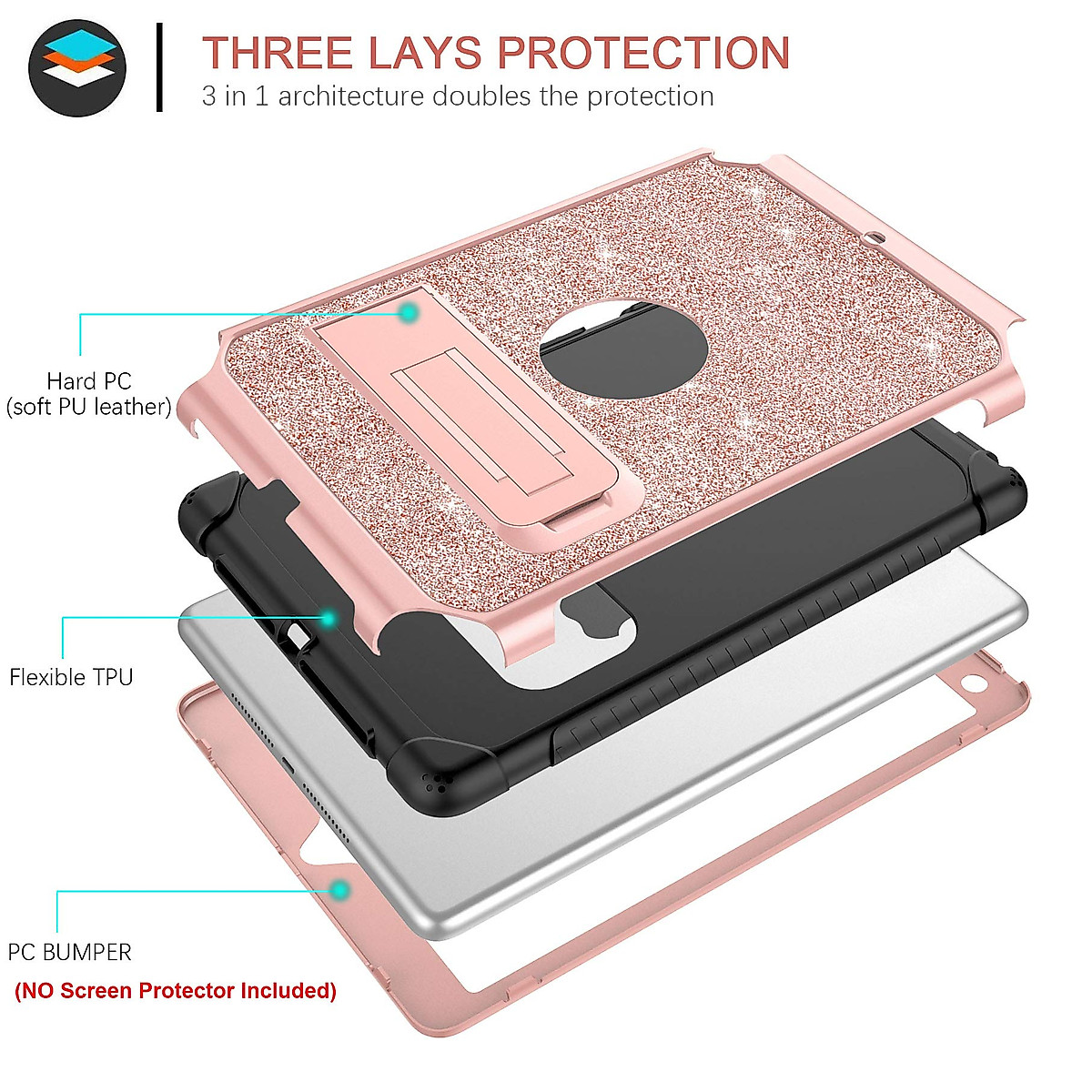 BENTOBEN for Case for iPad Air 2/iPad 9.7 2017/2018/Pro 9.7, iPad 5th/6th Generation Case, Glitter 3Layer Full Body Protective Shockproof Girls Women Kids Tablet Cover, Rose Gold