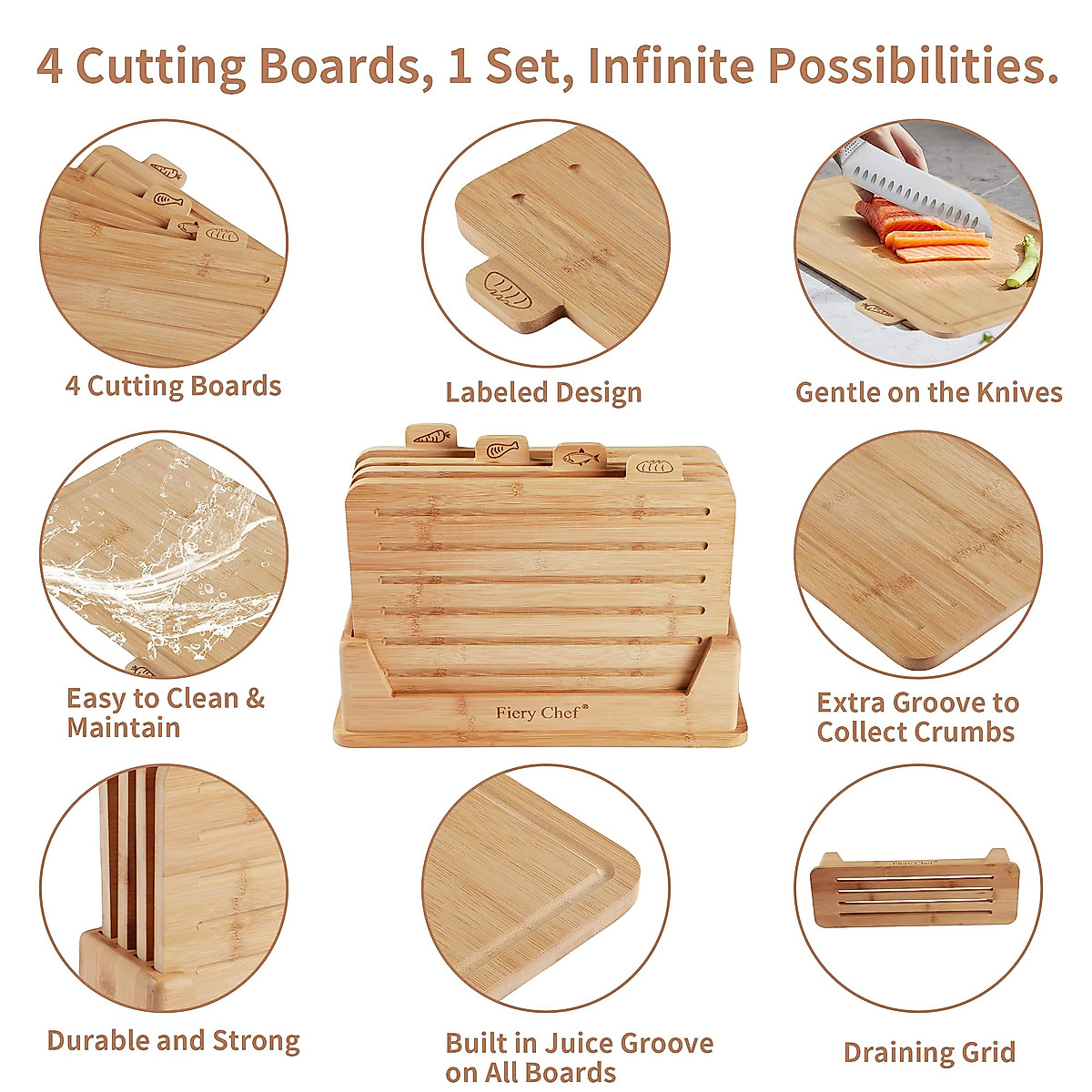 Fiery Chef Bamboo Cutting Board Set of 4 - Wood Cutting Board Set with Holder, Chopping Boards Set with Food Icons, Juice Groove - Ideal for Meat, Fish, Bread, Vegetable, Fruit Chopping