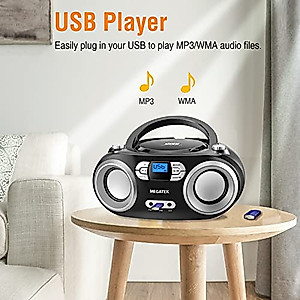 MEGATEK Portable CD Player Bluetooth Boombox with FM Radio, USB, Aux and Headphone Jack, CD-R/RW and MP3 CDs Compatible, Stereo System for Home with Dual Speakers, AC/Battery Operated - Black