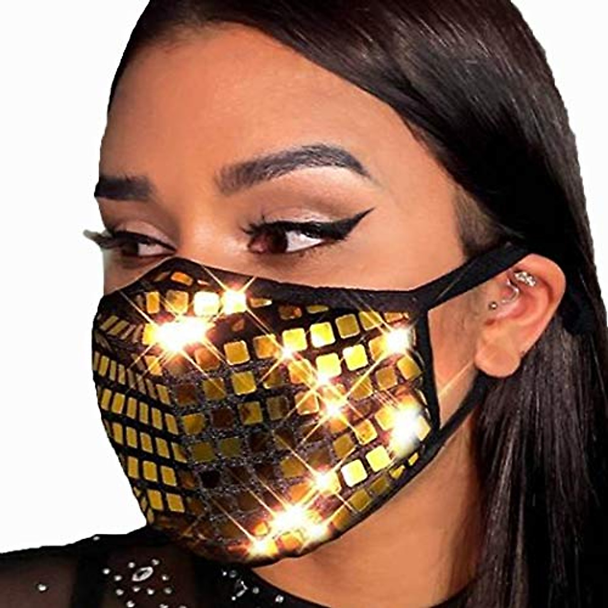 Barode Sparkly Sequins Mask Gold Crystal Face Cover Cotton Masquerade Masks Halloween Party Nightclub Face Masks Covering for Women and Girls (Gold)