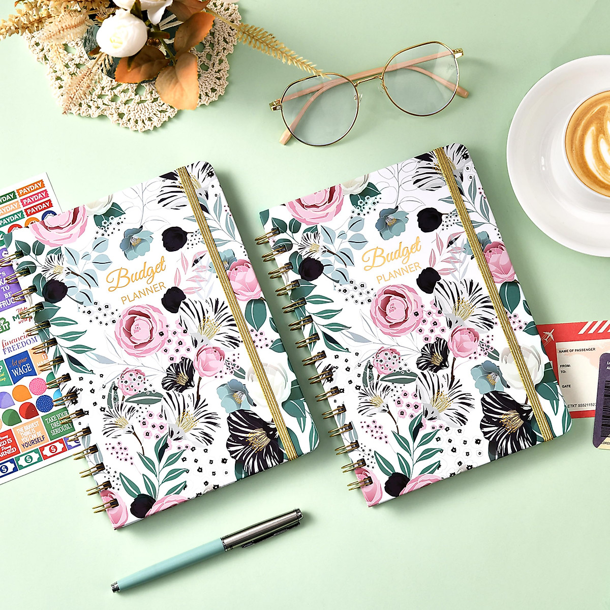 Budget Planner - Budget Book and Organizer With Expense Tracker Notebook, 6.3" x 8.4" Undated Bill Organizer with Pocket +Hardcover + Stickers +Premium Paper + Pen Holder - Floral