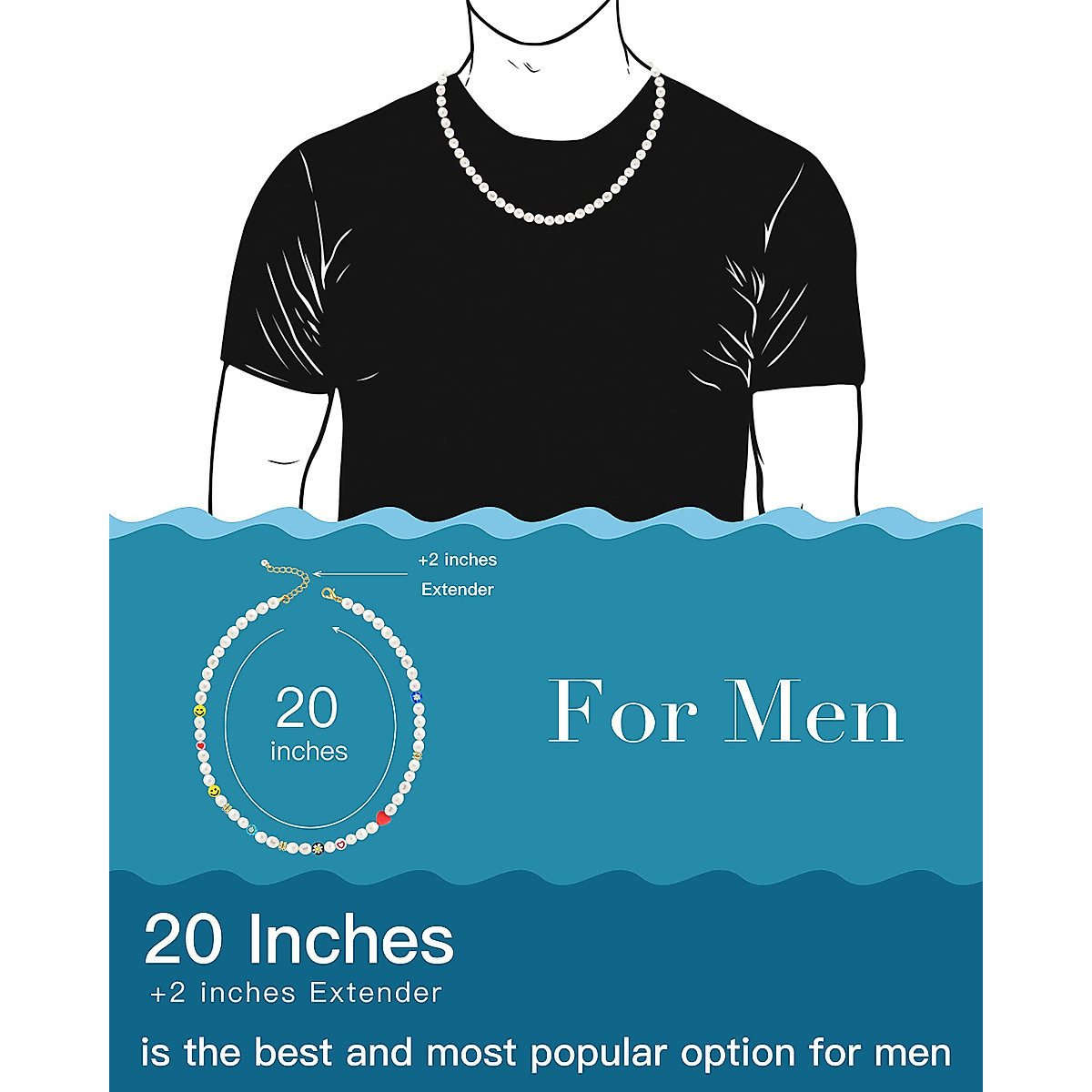 MIDDLUX Pearl Necklace, Unisex, Y2k Jewelry, Beaded Necklace, Smiley Face Necklace, Stainless Steel, 20" + 2" Extender