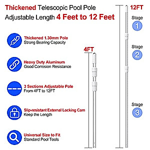 S-Union Thickened Telescopic 12 Feet Pool Pole, Upgraded Heavy Duty Aluminum Swimming Pool Cleaning Pole, Adjustable Length 4 to 12 Feet, Universal Pole for Skimmer Net Rake Brush Vacuum Head