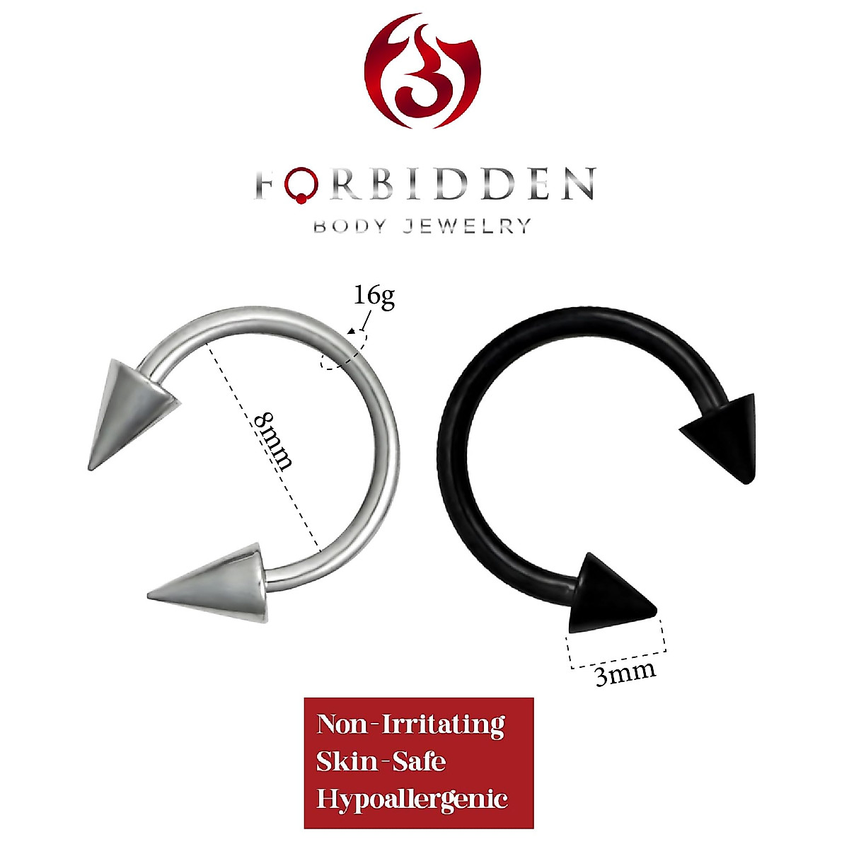Forbidden Body Jewelry 16g Septum Rings Set of 2: 16 Gauge 8mm Surgical Steel Spike Horseshoe Rings, Black & Steel