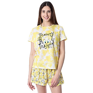 INTIMO Looney Tunes Womens' Tweety Bird Tie-Dye Sleep Pajama Set Short (Large) Yellow