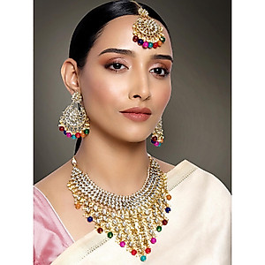 Aheli Elegant Indian Wedding Wear Faux Kundan Studded Choker Necklace with Maang Tikka Set Ethnic Fashion Jewelry for Women (Multi Kundan & Pearl Drop)