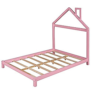 Merax Full Kids Bed House Shaped Low Beds for Toddlers, Wood Platform Bed Frame for Children,No Box Spring Needed,Easy Assemble (Full,Pink
