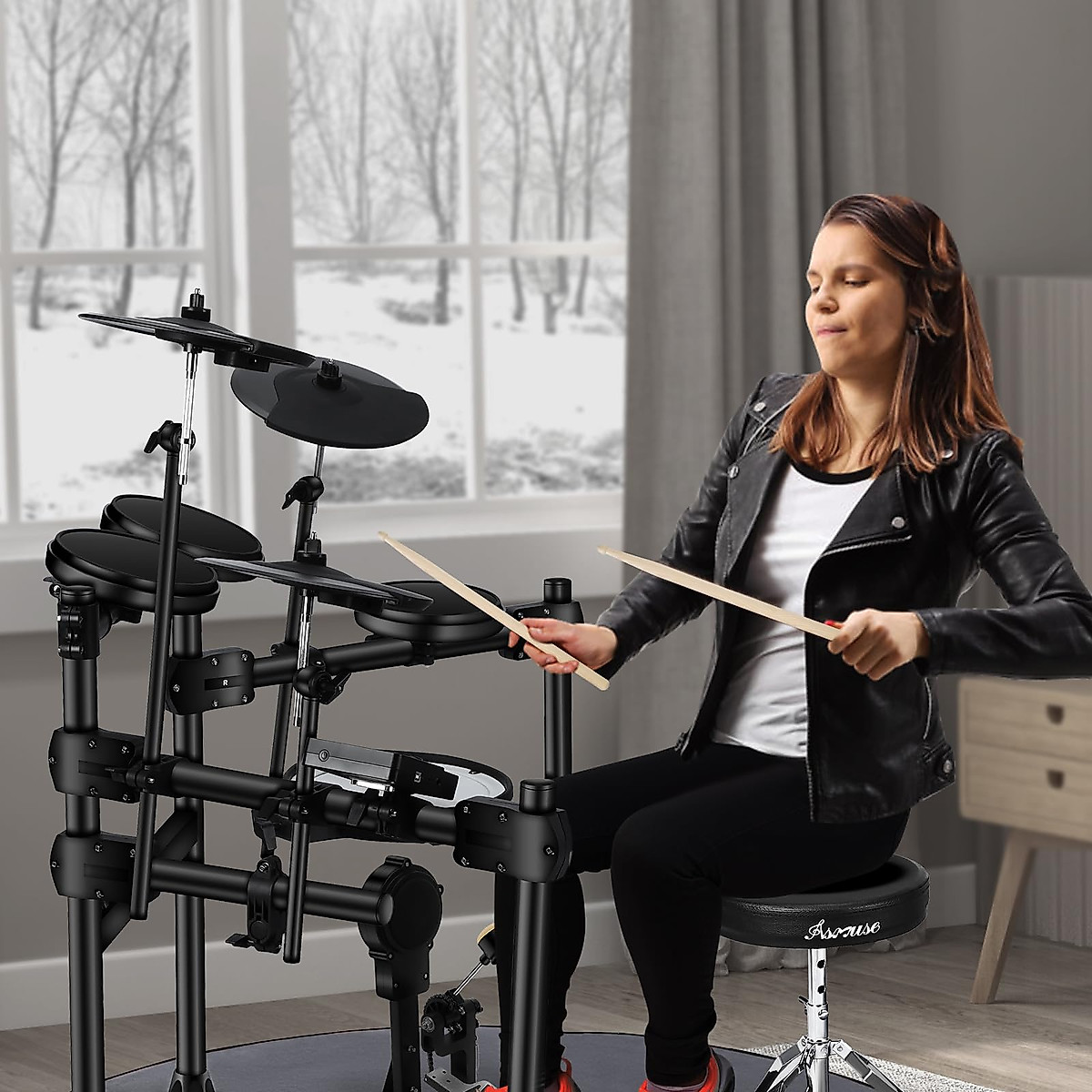 Asmuse Electronic Drum Set Kit for Adults Beginners with 8 inch Mesh Snare Electric Drum Set with Rim Shot and Cymbal Choke Function,USB MIDI Supported,2 Pairs of Drum Sticks &Headphone Set Included