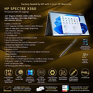 HP Spectre x360 Luxury 14T, 13.5" 3:2 WUXGA Touch, Intel i7-1195G7, 16GB RAM, 1TB NVMe SSD, Intel 5G nanoSim Slot, Fingerprint, Tilt Pen, Black, Win 11 Pro, B&O Audio, 64GB TechWarehouse Flashdrive