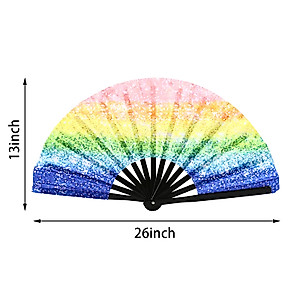 Hand Fans for Women Foldable,Large Folding Hand Rave Fan,Folding Hand Fan,Folding fan,Hand Fans,Pride Fan,Bamboo and Nylon-Cloth Folding Hand Fan,Folding Fan Dance Fan for Women Men (Glitter Rainbow)