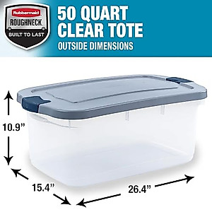 Rubbermaid Roughneck Clear Storage Container, 50 qt., Clear Base, Grey and Blue Lid, Pack of 5 (1785784)