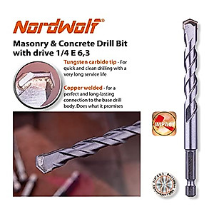 NordWolf 9-Piece Metric Carbide Tipped Masonry Drill Bit Set with 1/4" Hex Shank for Concrete, Brick, Block & Stone, Sizes 5.5(x3)-6.5(x3)-7-8-10mm