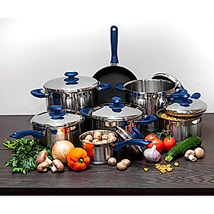 YBM Home 9 Quart Commercial Grade 18/10 Stainless Steel Stockpot with Cover Lid, Induction Stovetop Compatible Cookware with Encapsulated Aluminum Core, Blue