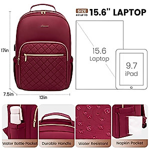 LOVEVOOK 15.6-inch Laptop Backpack for Women, Quilted Business Travel Computer Bag, Doctor Nurse Backpack Purse for Work, Wine