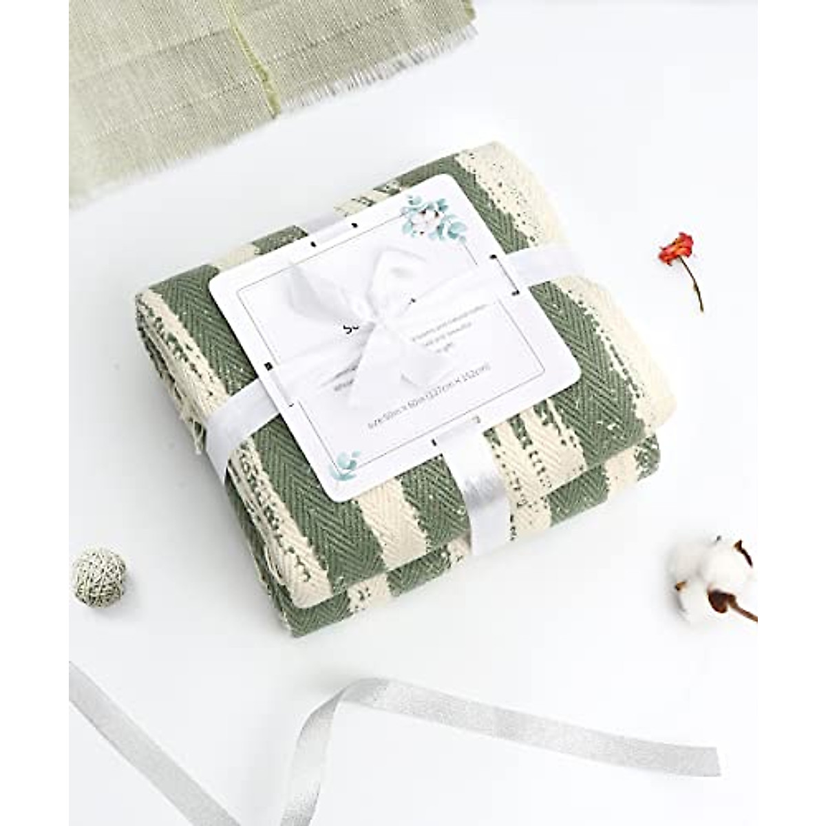 Godimerhea Green Throw Blanket Cotton White Boho Striped Decorative Blankets for Couch Sofa Bed, Soft Cozy Knit with Tassel, Rustic Shabby Chic, 50" x 60"