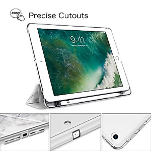 Fintie Case with Built-in Pencil Holder for iPad 6th / 5th Generation - Lightweight SlimShell Cover with Translucent Frosted Back, Supports Auto Wake/Sleep for iPad 9.7 Inch 2018/2017, Marble White