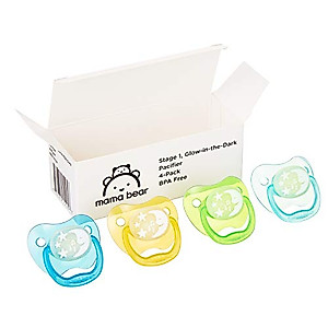 Amazon Brand - Mama Bear Glow-in-the-Dark Baby Pacifier, Stage 1 (0-6M), BPA Free, Assorted Colors (Pack of 4)