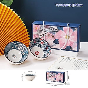 RYUHYF ceramic bowl, Japanese rice bowl, with gift box. 10 oz thick blue and white porcelain bowl, kitchen cereal bowl, dessert bowl (Two bowls set)