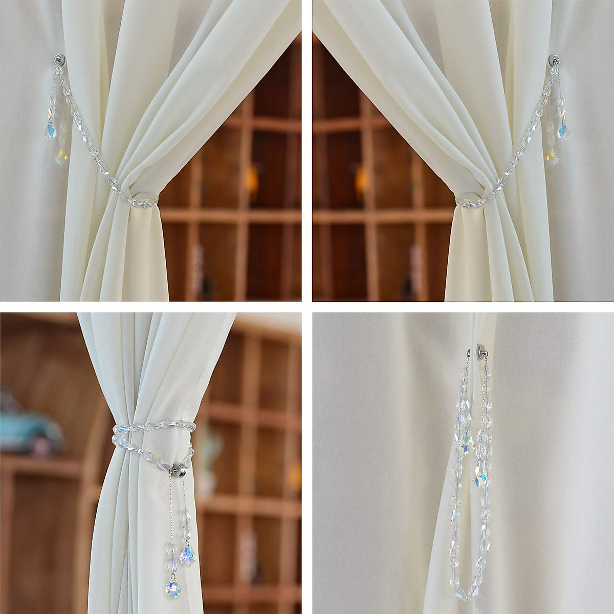 Magnetic Curtain Tiebacks,Crystal Beads Rope Drapery Holdbacks Holder for Small,Thin or Sheer Window Draperies,12 Inch Long,2 Pack (White)