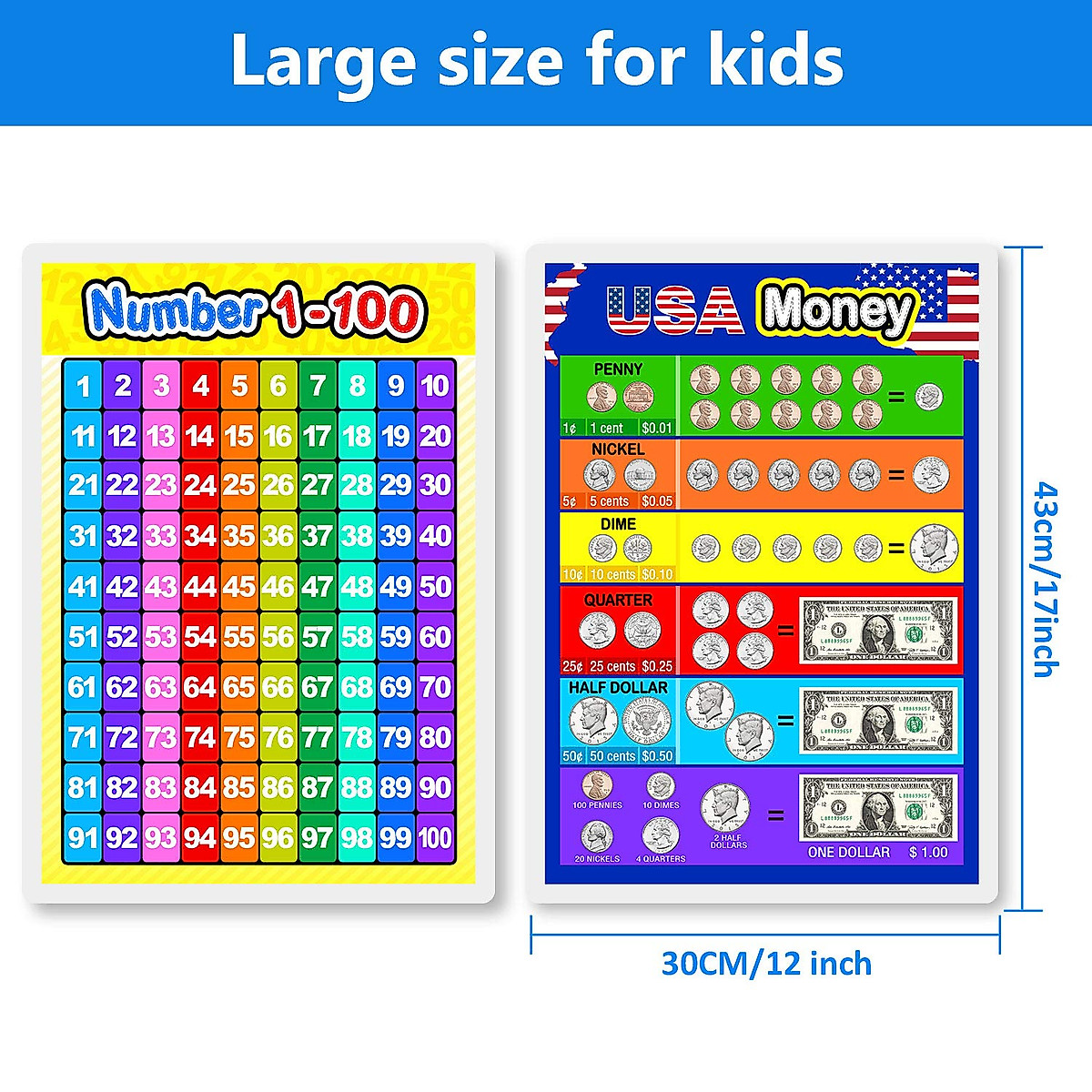 Outus 2 Pcs Number Chart 1-100 Money Poster Preschool Educational Posters Kids Toddlers Learning Supplies Laminated Currency Chart for Nursery Home School Pre-k Kindergarten Classroom Back to School