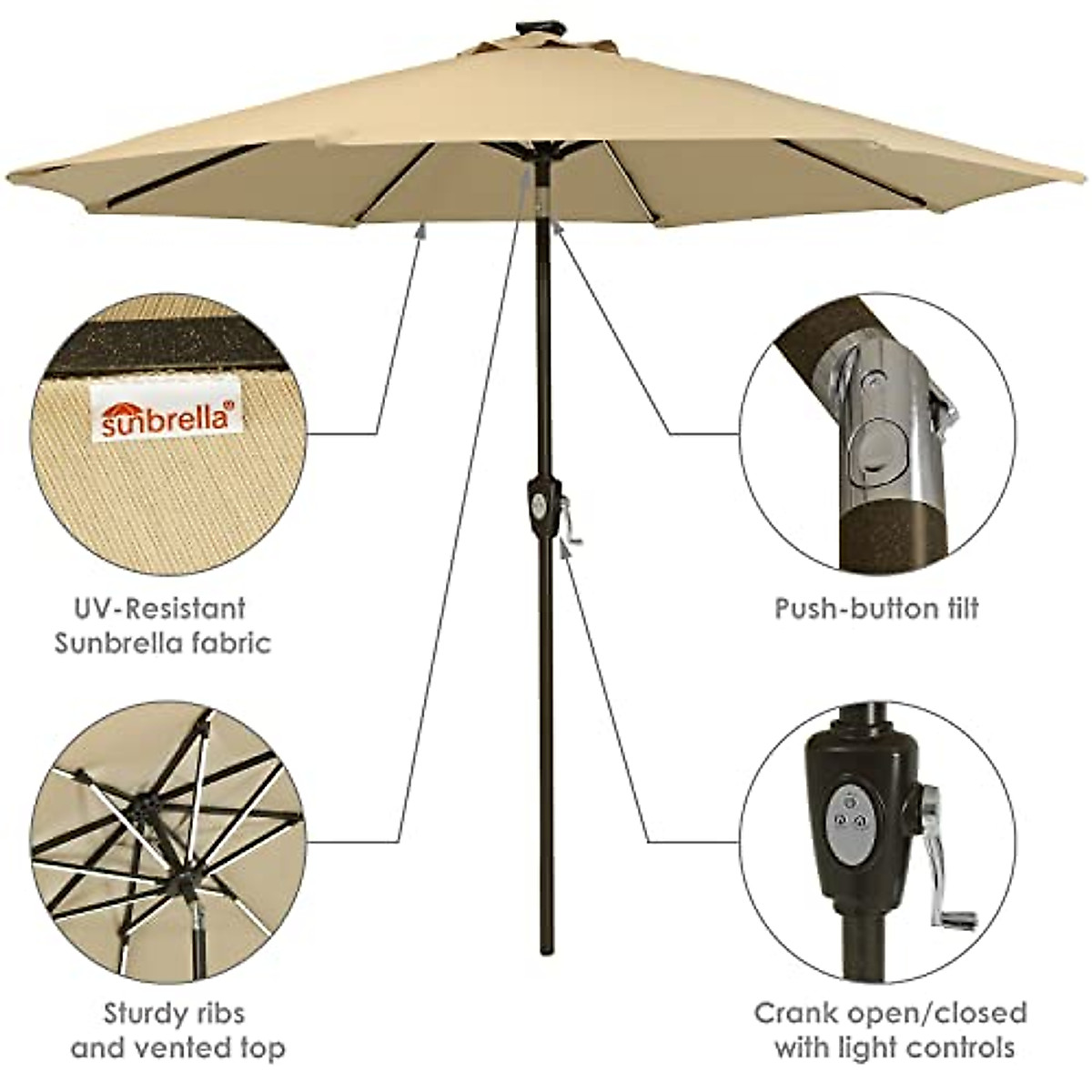 Sunnydaze 9-Foot Sunbrella Tilting Patio Umbrella with Solar LED Light Bars - Beige