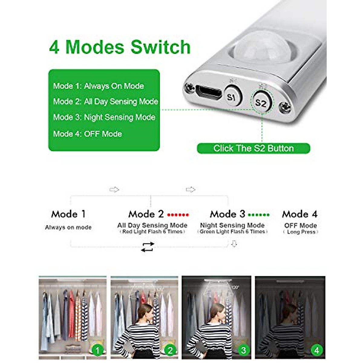 goodland Under Cabinet Lighting 80 LED Closet Light, Motion Sensor Lights Indoor USB Rechargeable Dimmable Wireless Stick-on Night Light Bar for Kitchen, Wardrobe, Garage, Stairs, Bedroom (3 Packs)