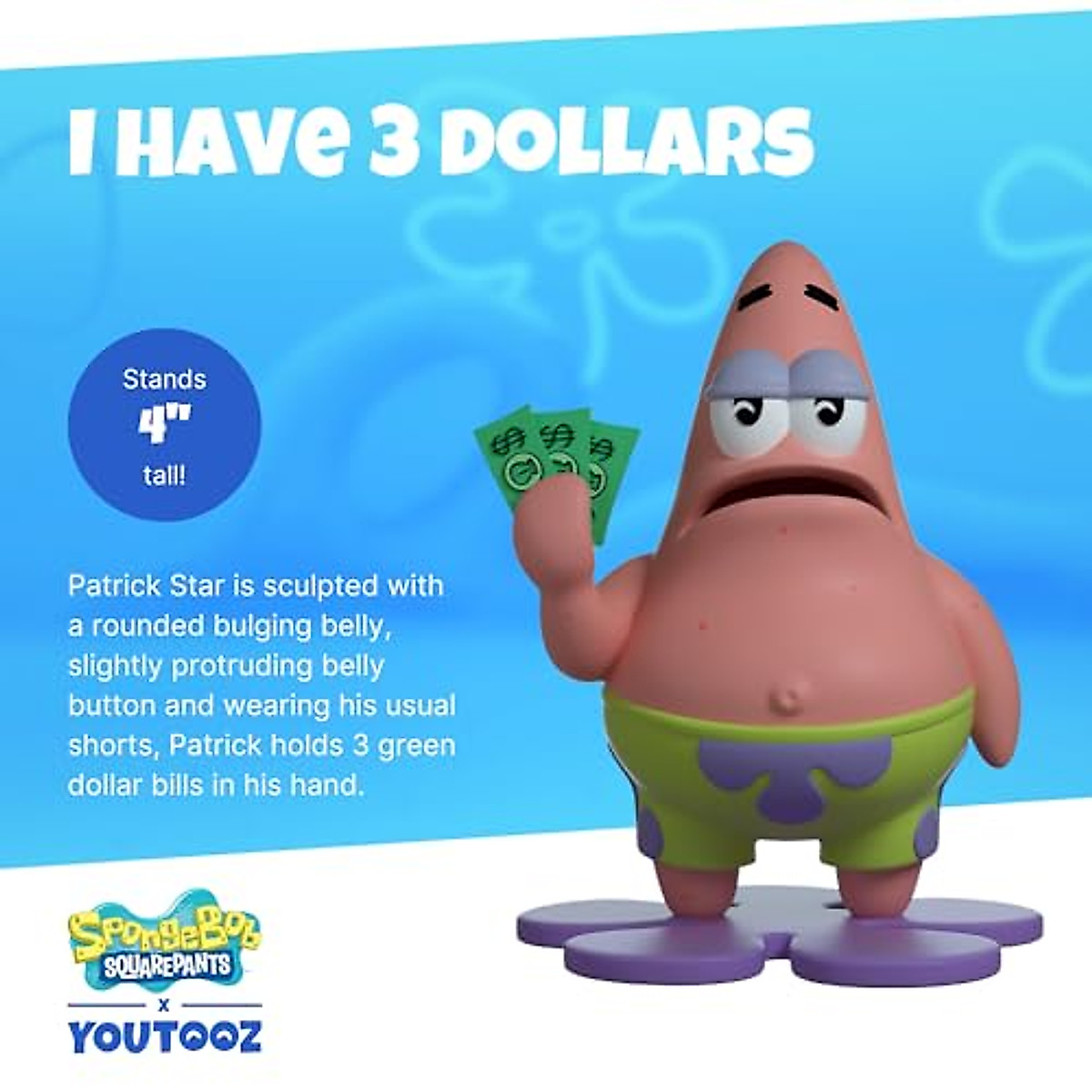 I Have 3 Dollars, 4" Patrick Collectible Figure, Based on Funny Internet Meme, High Detailed Collectible Figure - Youtooz Spongebob Squarepants Collection Based on Cartoon TV Series
