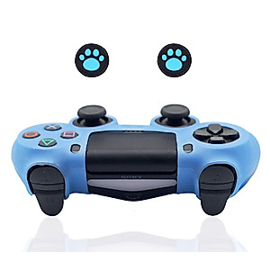 Controller Skin for PS4,BRHE Anti-Slip Grip Silicone Cover Protector Case Compatible with PS4 Slim/PS4 Pro Wireless/Wired Gamepad Controller with 2 Cat Paw Thumb Grip Caps (Blue)
