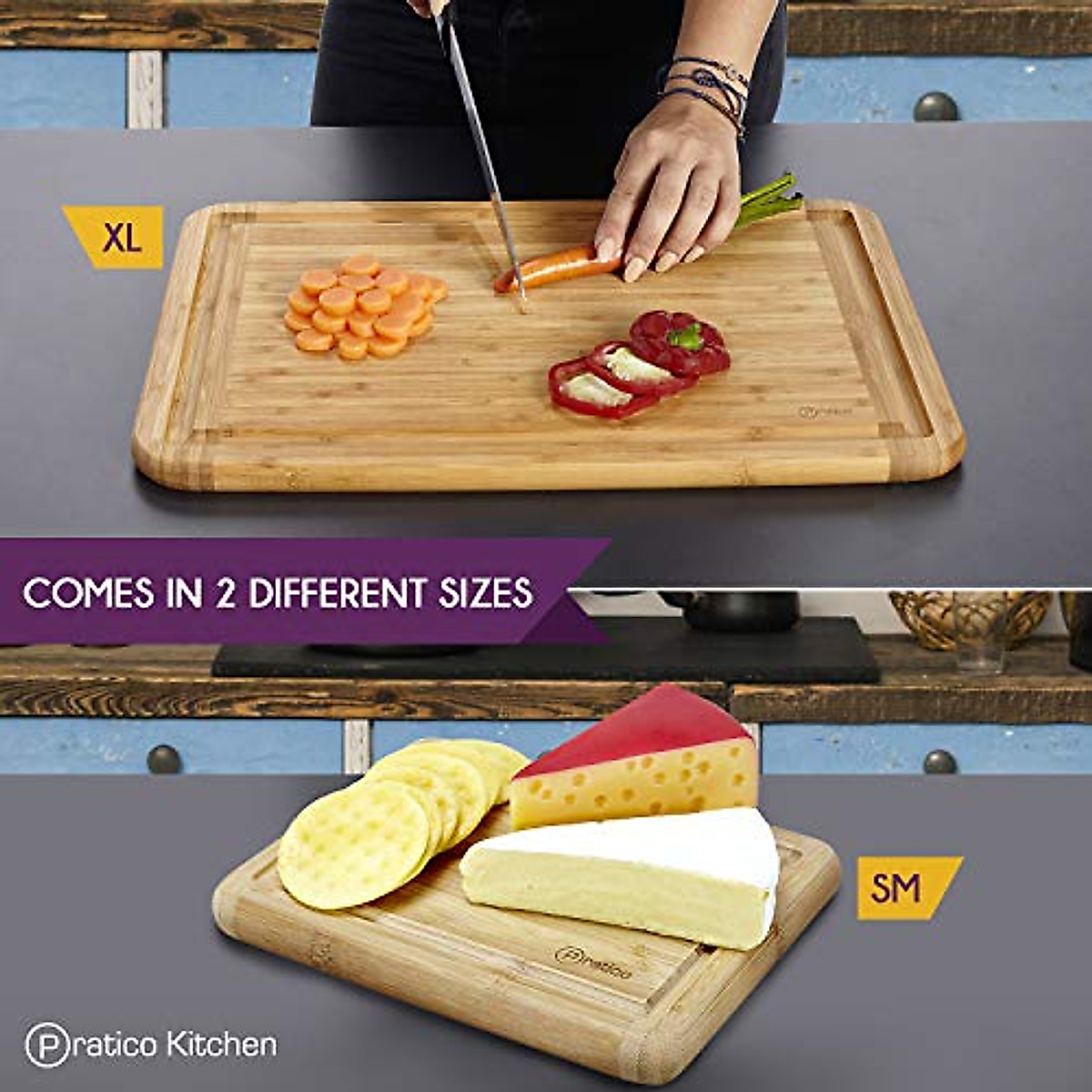 Pratico Kitchen Bamboo Cutting Board and Serving Tray with Juice Groove Set, 18 x 12 and 8 x 6 inch Boards