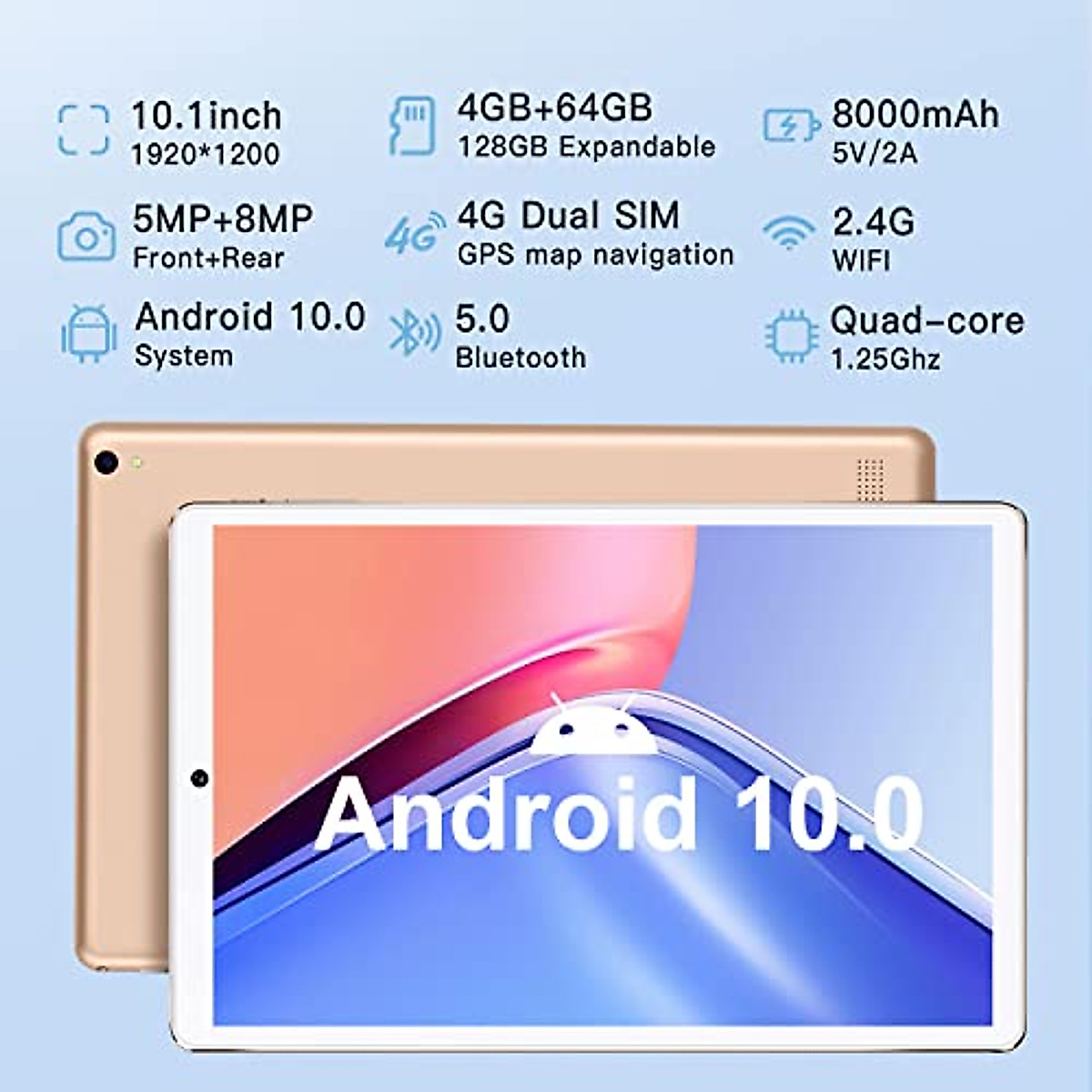 OUZRS 4G LTE Tablet 10 Inch Android 10, 4GB RAM 64GB/128GB ROM Quad Core 1920 * 1200 FHD Tablet PC Dual SIM 8000mAh Caméra 5+8MP Tablet Android with WiFi Bluetooth GPS Type-C Keyboard Mouse