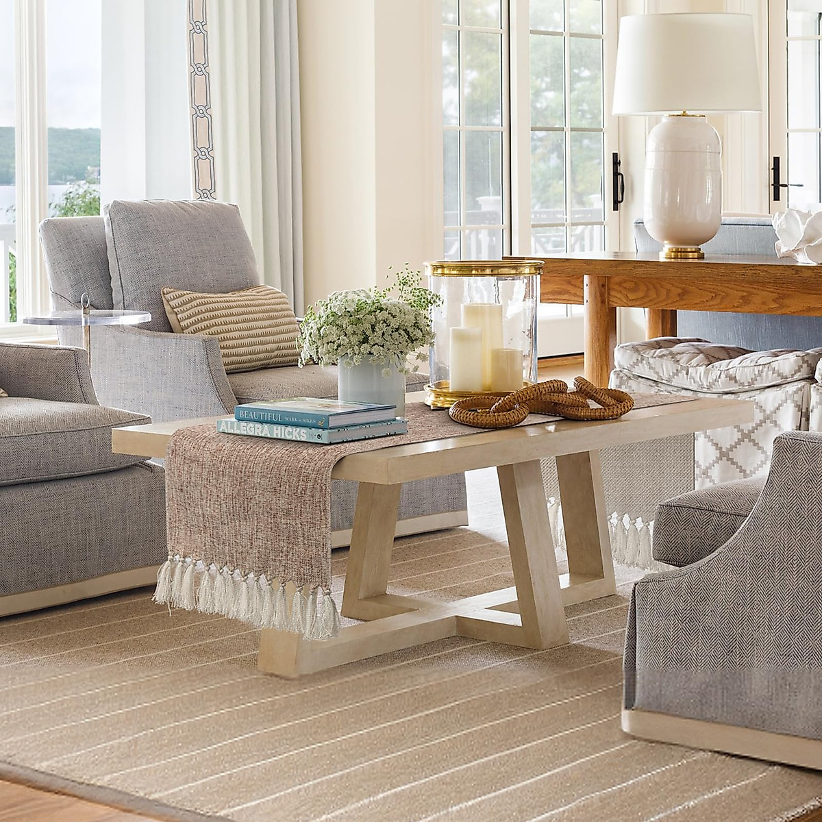 yuboo Boho Table Runner, Fall Rustic Farmhouse Dresser Runners Cover Top for Bedroom, Dining Table, Fall Table Decor, Bridal Shower, Burlap Linen Table Runner 72 inches Long (15x72 Tassels Included)