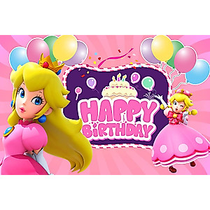 Princess Backdrop for Birthday Party Decorations, Princess Peach Background for Baby Shower Party Cake Table Decorations Supplies, Princess Peach Theme Banner, 5x3ft