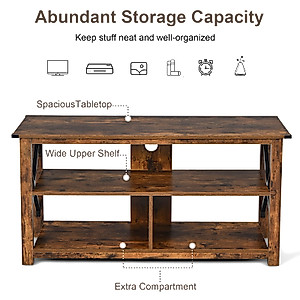 Tangkula Wood TV Stand with Open Shelves and X-Shaped Frame, 3 Tier Entertainment Center for 55-Inch TV, Farmhouse TV Console Table, Open TV Stands for Living Room Bedroom (Brown)