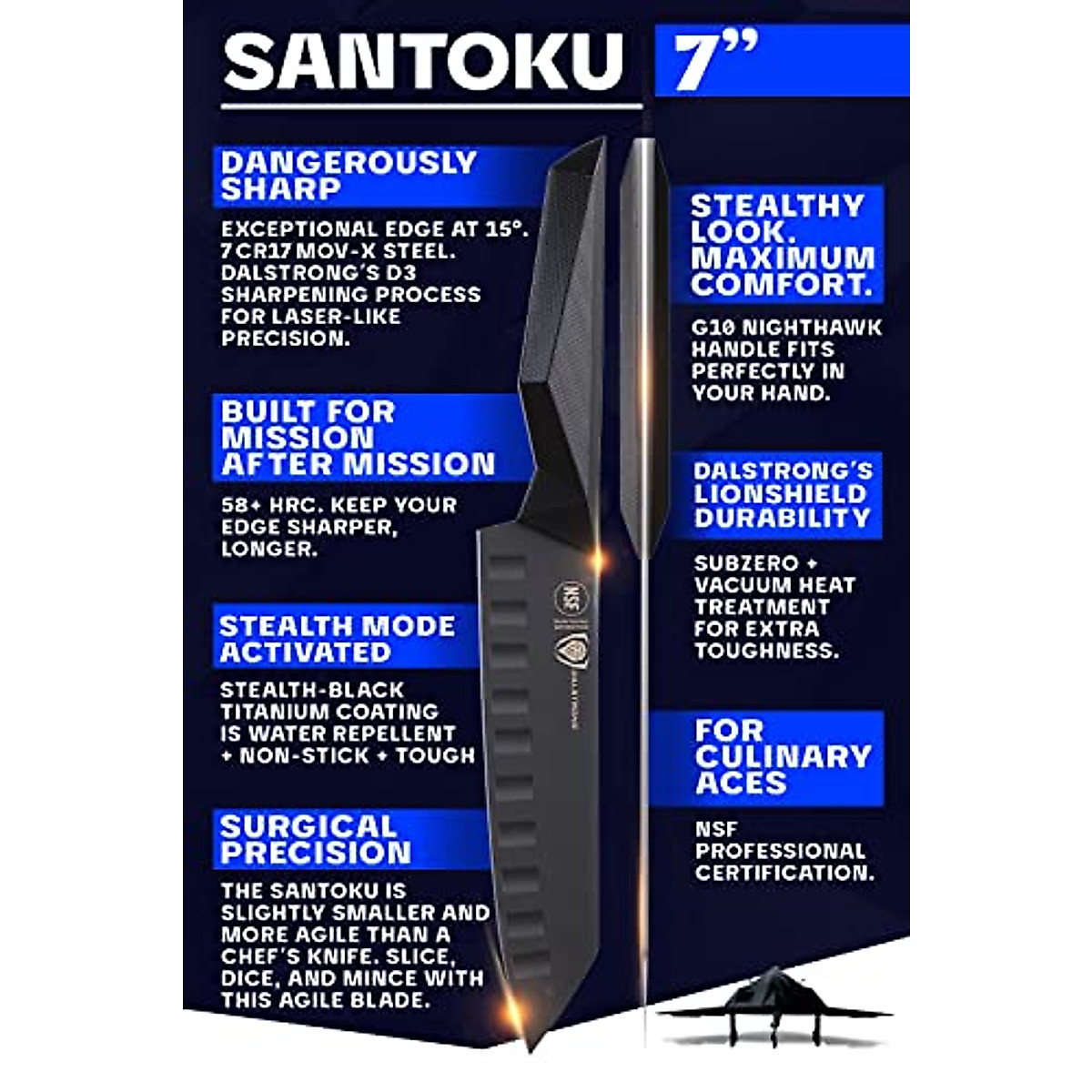 Dalstrong Shadow Black Series Black Titanium Nitride Coated High Carbon 7CR17MOV-X Vacuum Treated Steel Santoku Kitchen Knife, 7 Inches, Sheath Included